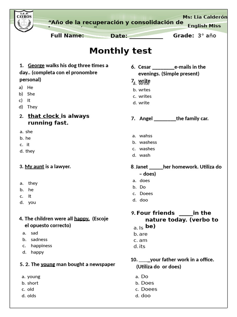 English Test for 3rd Grade Students | PDF