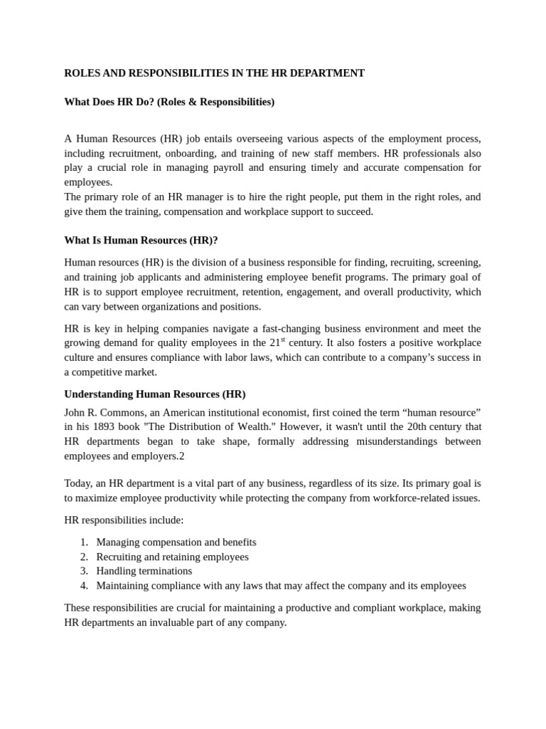 HR Roles and Responsibilities Overview | PDF | Human Resources | Human ...
