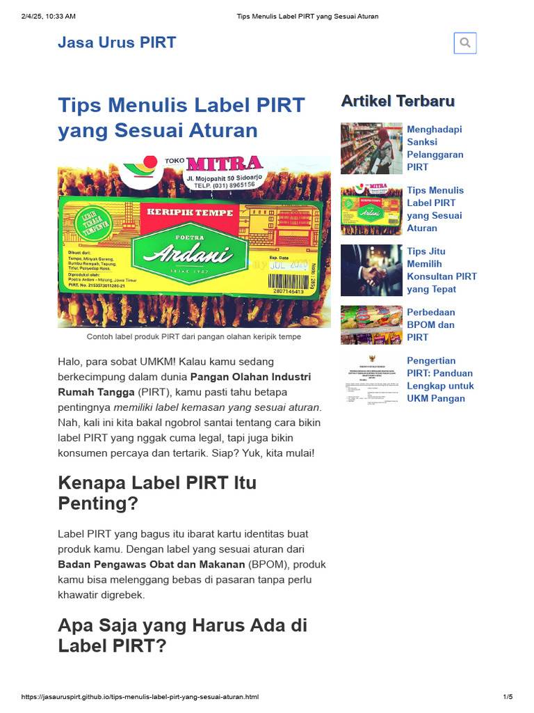 Tips Menulis Label PIRT Yang Sesuai Aturan | PDF