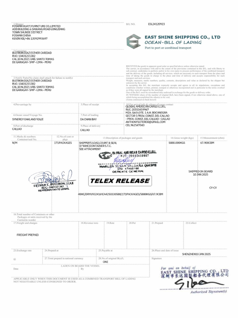 HBL COPY电放提单 - ESL24120923 PDF | PDF