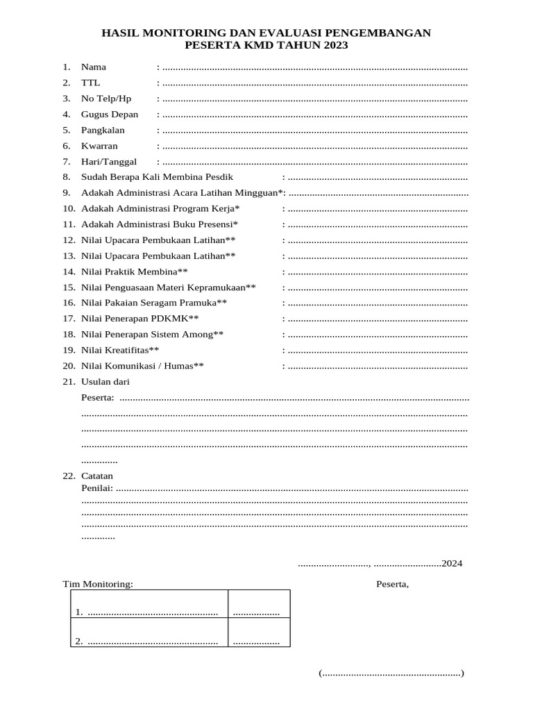 Lembar Monev Gudep Pengembangan KMD 2023 | PDF