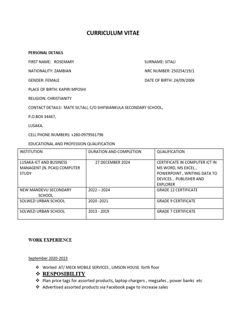 Rosemary Sitali Curriculum Vitea | PDF | Computing