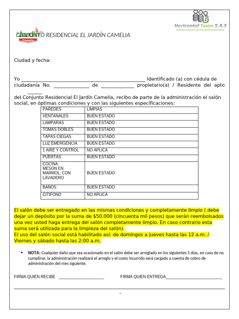 Acta de Entrega Salón Social - Reservado | PDF