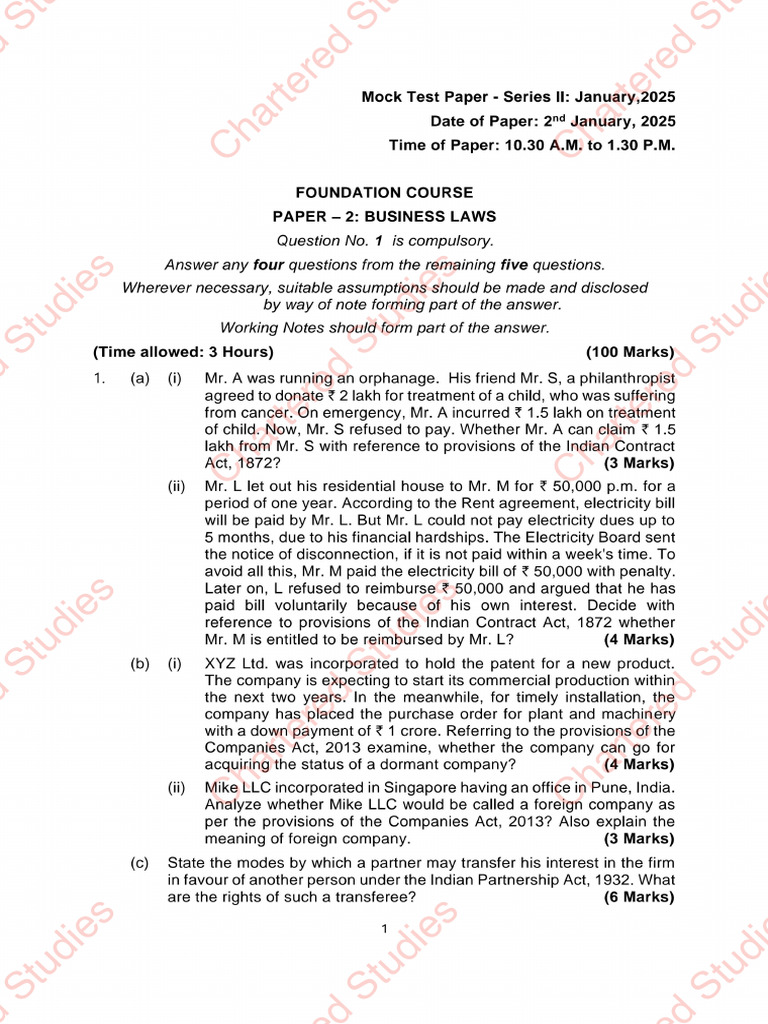 CA Foundation Paper - 2 Business Laws MTP Series 2 Question Paper | PDF