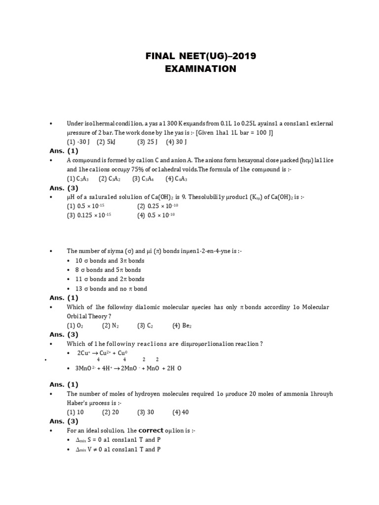NEET 2019 Chemistry Question Paper | PDF | Zygosity