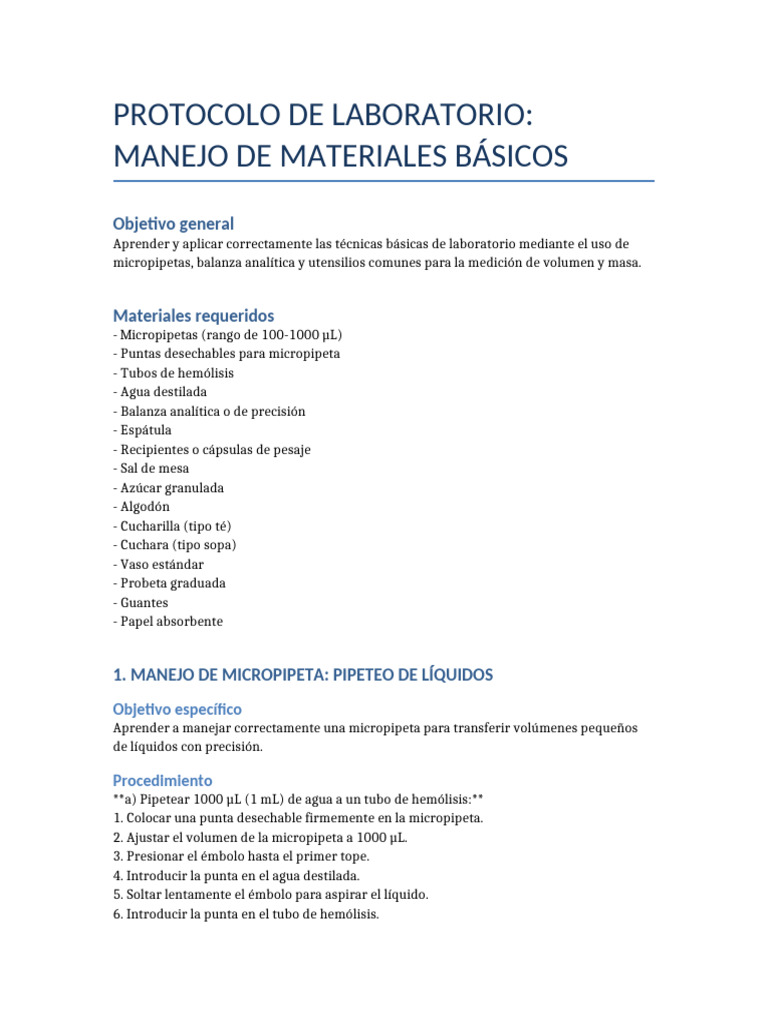 Protocolo Laboratorio Basico | PDF | Volumen | Balanza