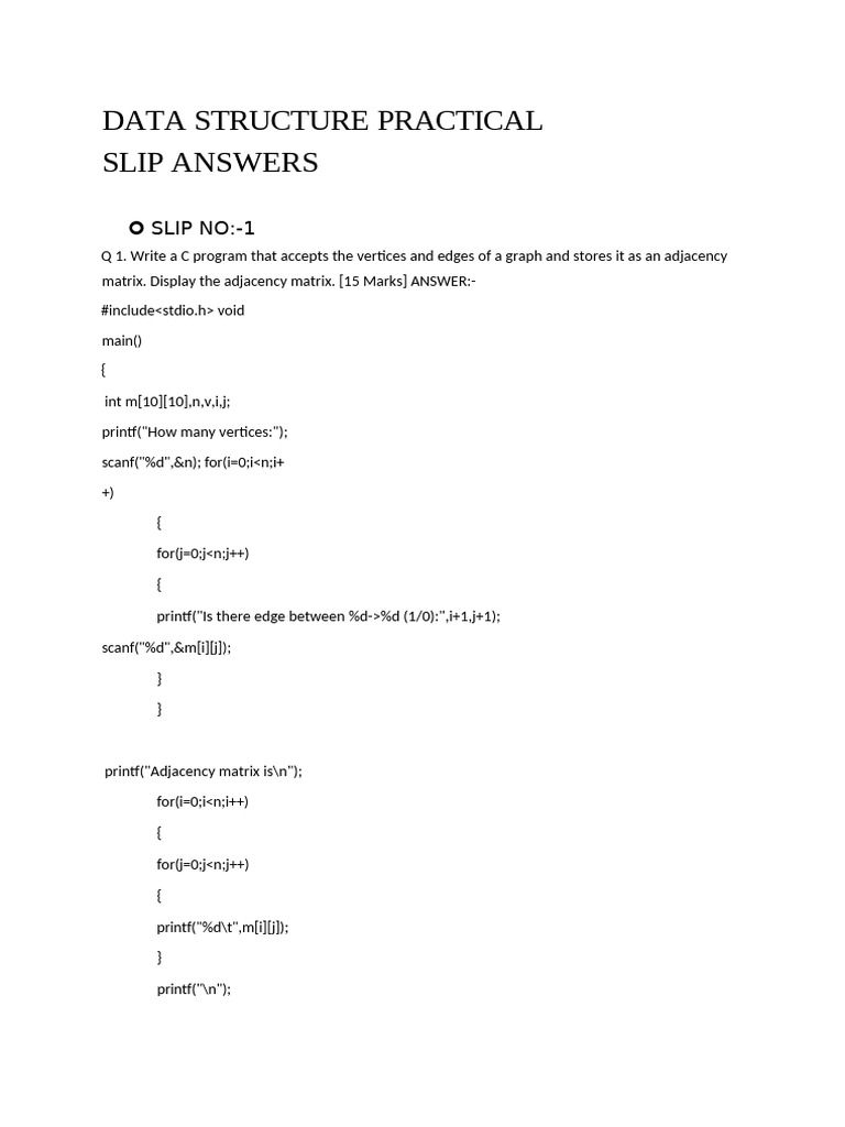 Data Structure Practical Slip Answers Sem 4 | PDF | Vertex (Graph Theory) | Theoretical Computer ...