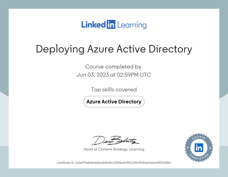 CertificateOfCompletion_Deploying Azure Active Directory | PDF
