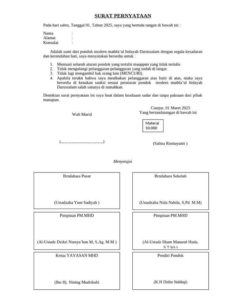 Surat Pernyataan Kepatuhan Pondok | PDF