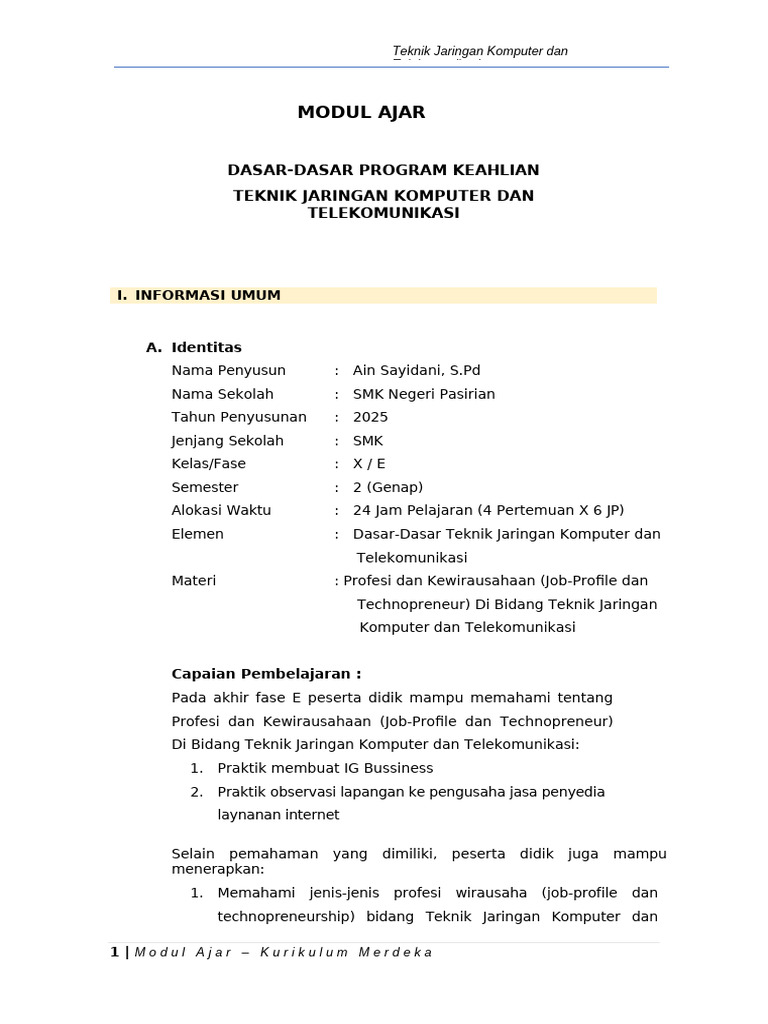 Modul Ajar TKJ Kelas 10 Kurikulum Merdeka | PDF