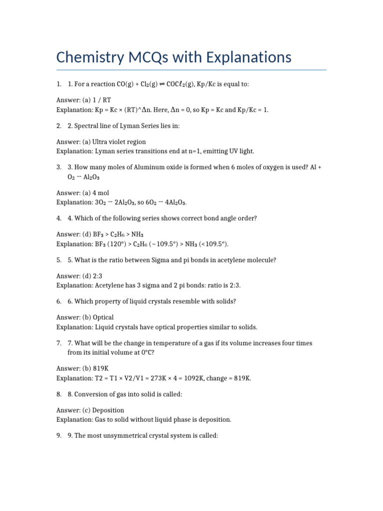 Chemistry - MCQs - Explanations Peshawar | PDF | Chemical Elements ...