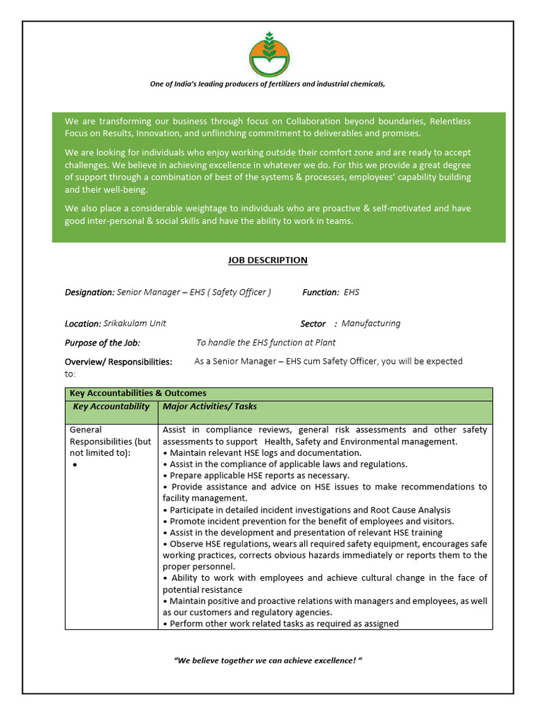 Senior Manager - EHS Job Overview | PDF | Regulatory Compliance | Safety