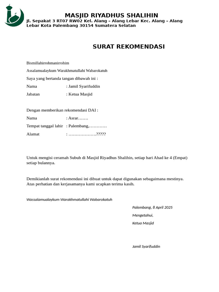 Contoh Kop Surat Masjid Riyadhus Shalihin | PDF