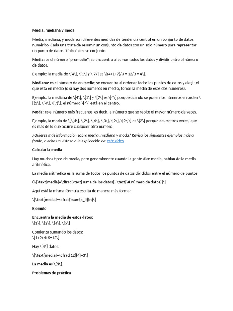 Matematicas Media | PDF | Media | Mediana