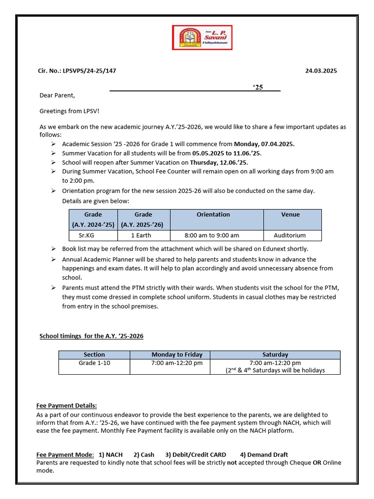 New Session School Reopening Circular For Grade SR - KG Going To 1 | PDF | Payments | Fee