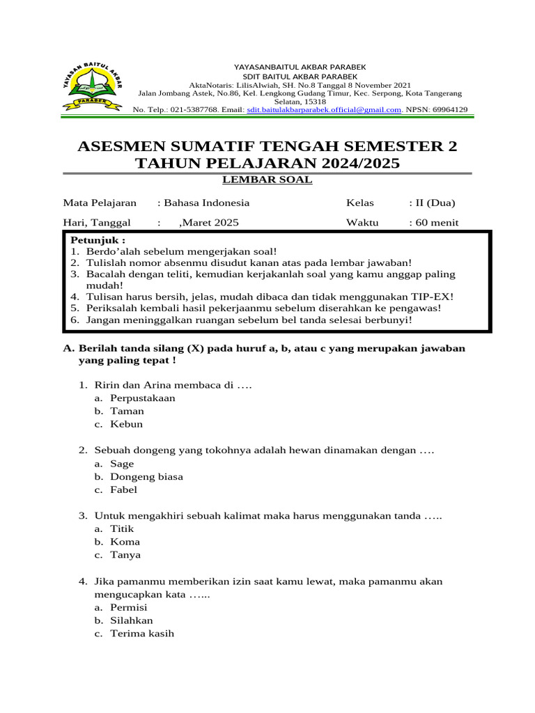 Soal UTS Bahasa Indonesia Kelas 2 Semester 2 | PDF