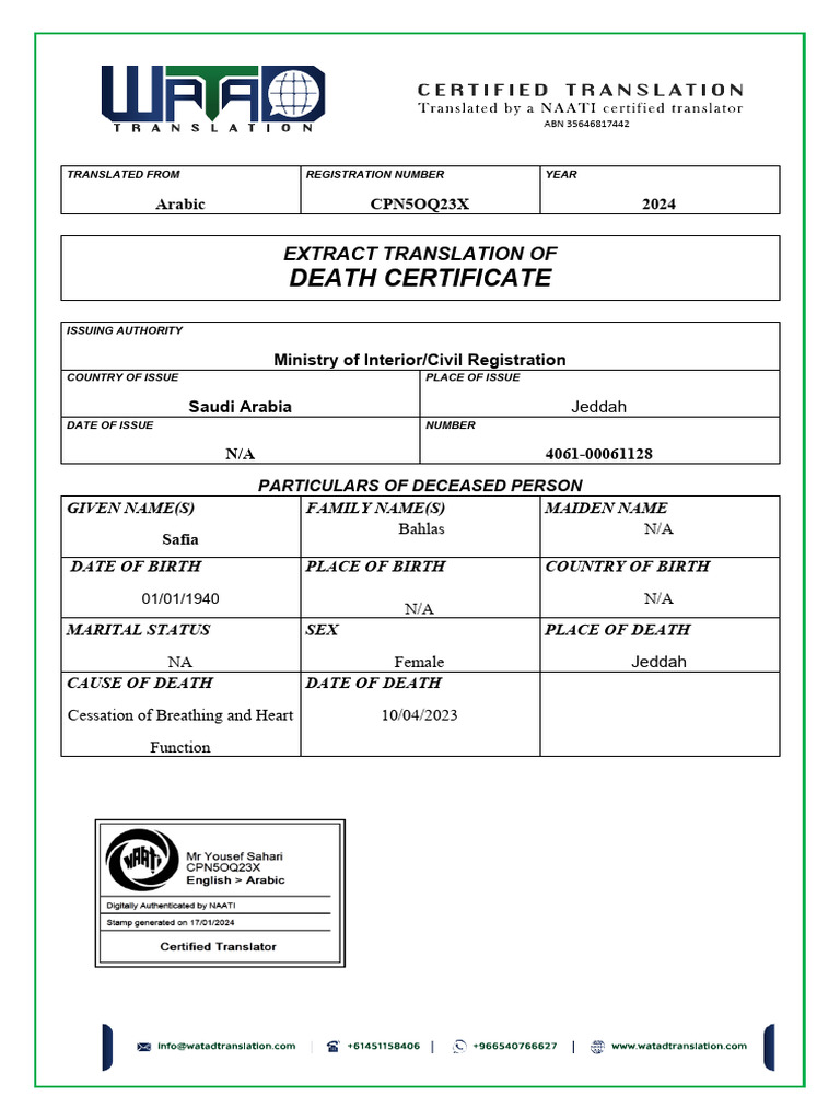 Saudi Arabia Death Certificate Translation | PDF