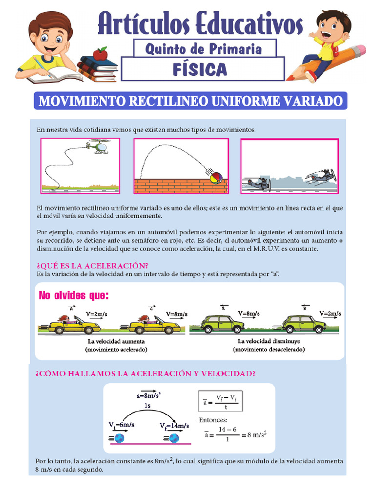 Movimiento-Rectilineo-Uniforme-Variado-para-Quinto-de-Primaria | PDF