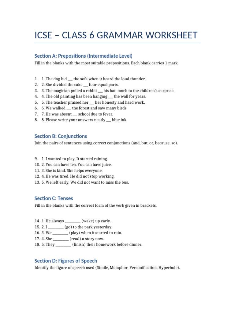 Class 6 Grammar Worksheet | PDF