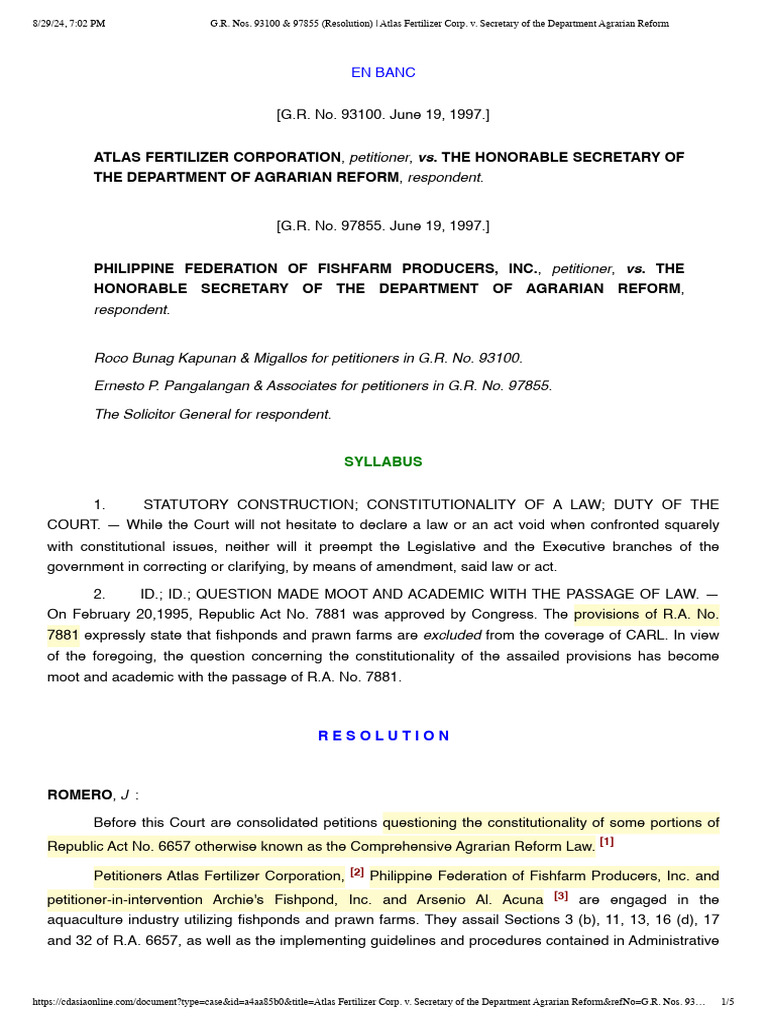 0035 Atlas Fertilizer v. Secretary of DAR (1997) | PDF | Agriculture ...