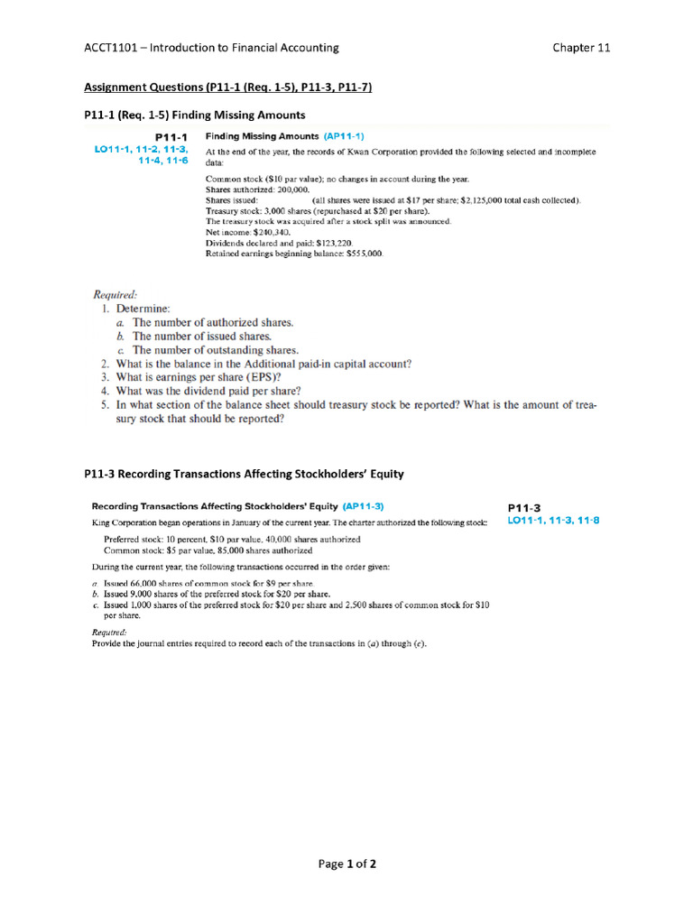 ACCT1101 - Assignment Questions - Chapter 11-2 | PDF | Treasury Stock ...