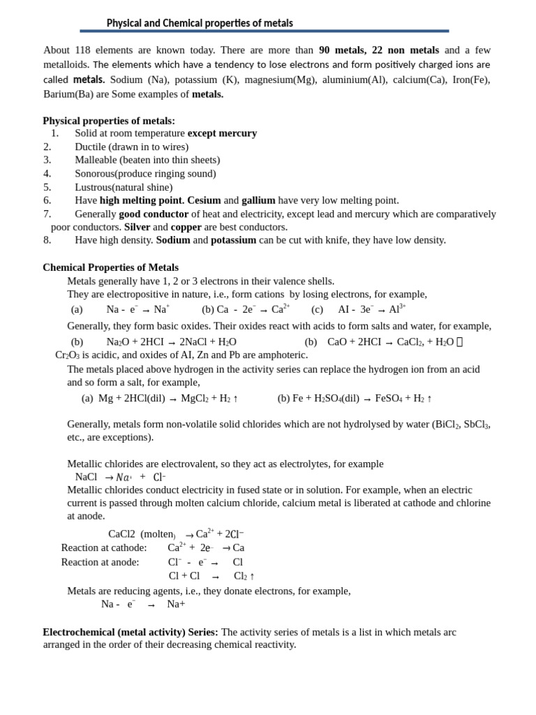 Physical and Chemical Properties of Metals | PDF | Metals | Sodium