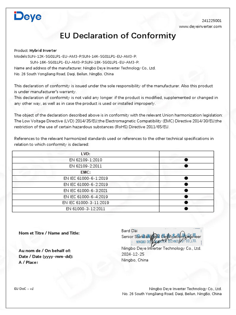 Hybridinverter Eudeclaration Sun 12 18k Sg01lp1 Eu Am3 p+241225001 ...