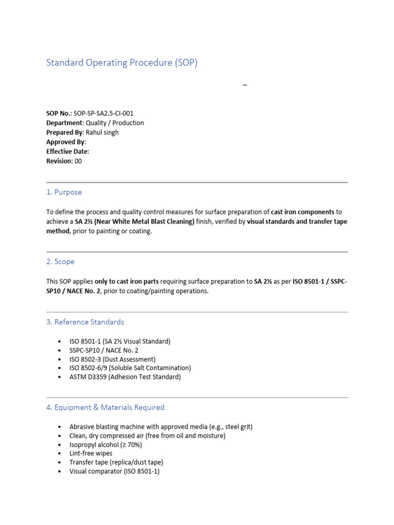 Cast Iron Surface Prep SOP: SA 2½ Finish | PDF | Materials | Industrial ...