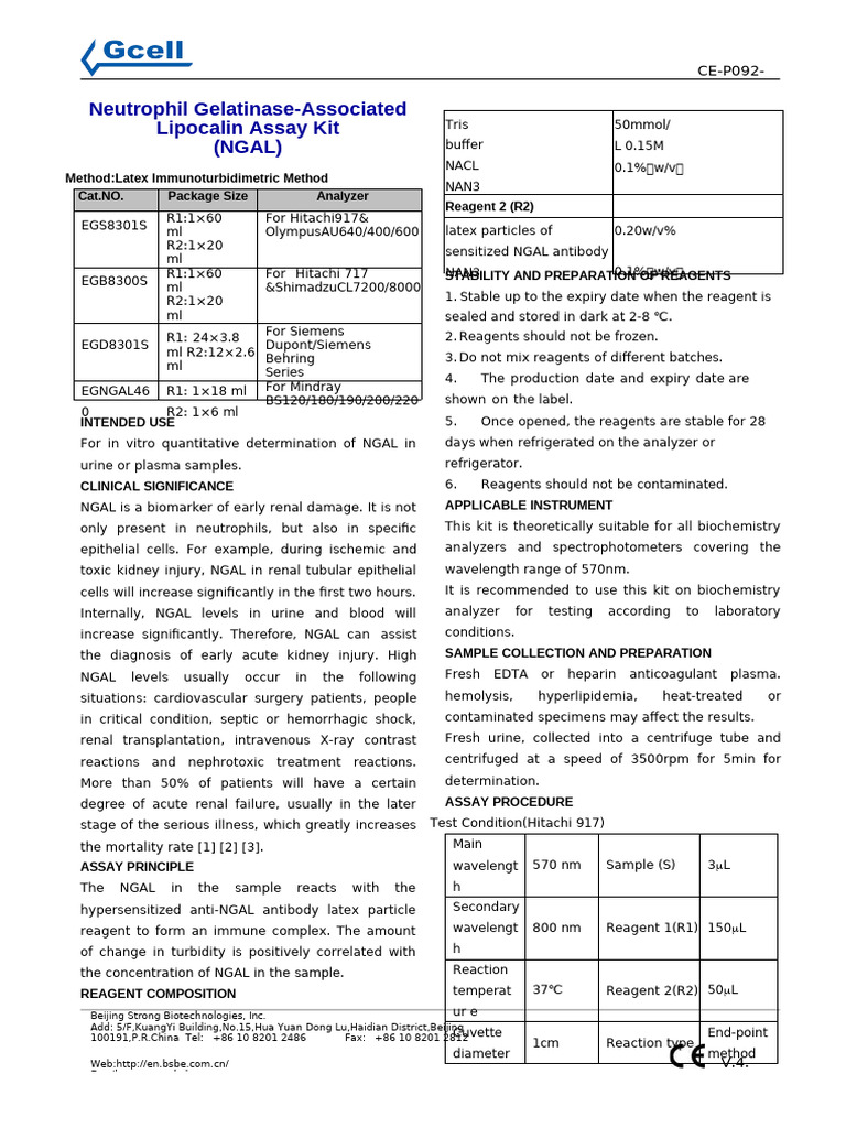 BSBE - Package Insert of NGAL | PDF | Kidney | Clinical Medicine