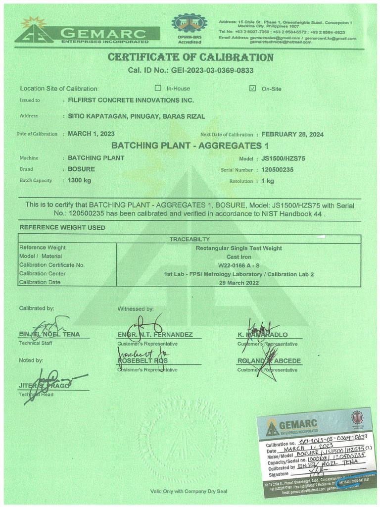 Compilation of Calibration Certificates | PDF