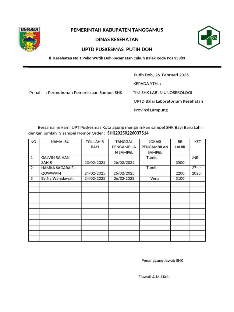 Surat Permohonan Sampel SHK | PDF