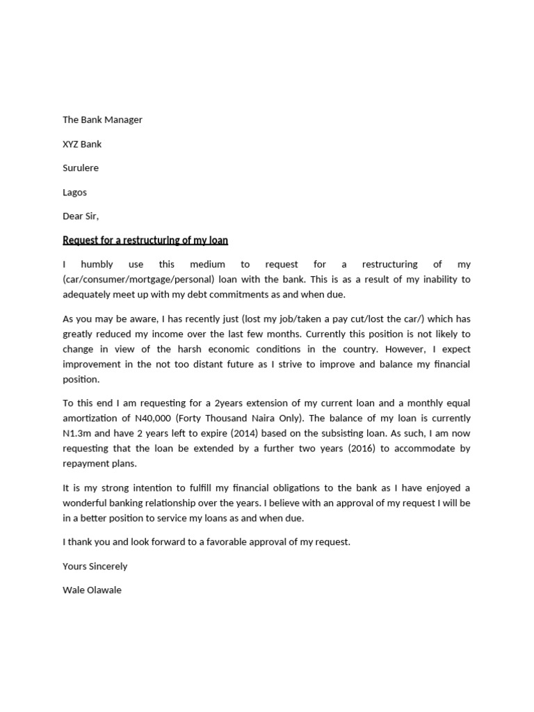 Sample Request For Restructuring of Personal Loan | PDF