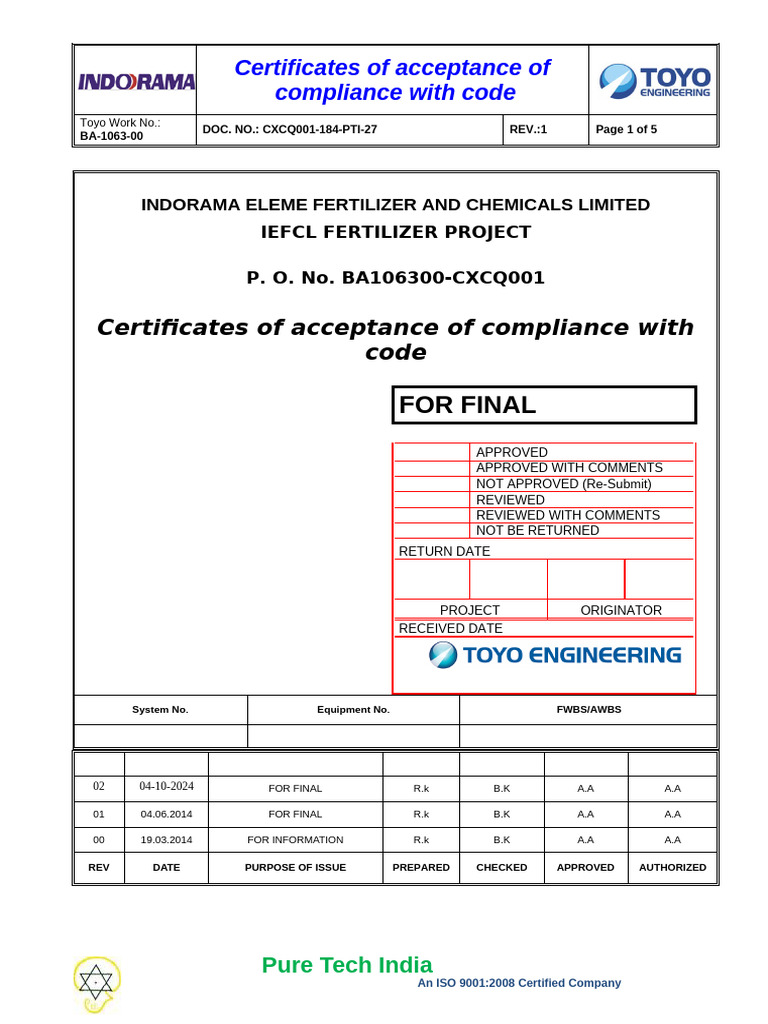CXCQ001 184 PTI 27 Certificates of Acceptance of Compliance With | PDF ...