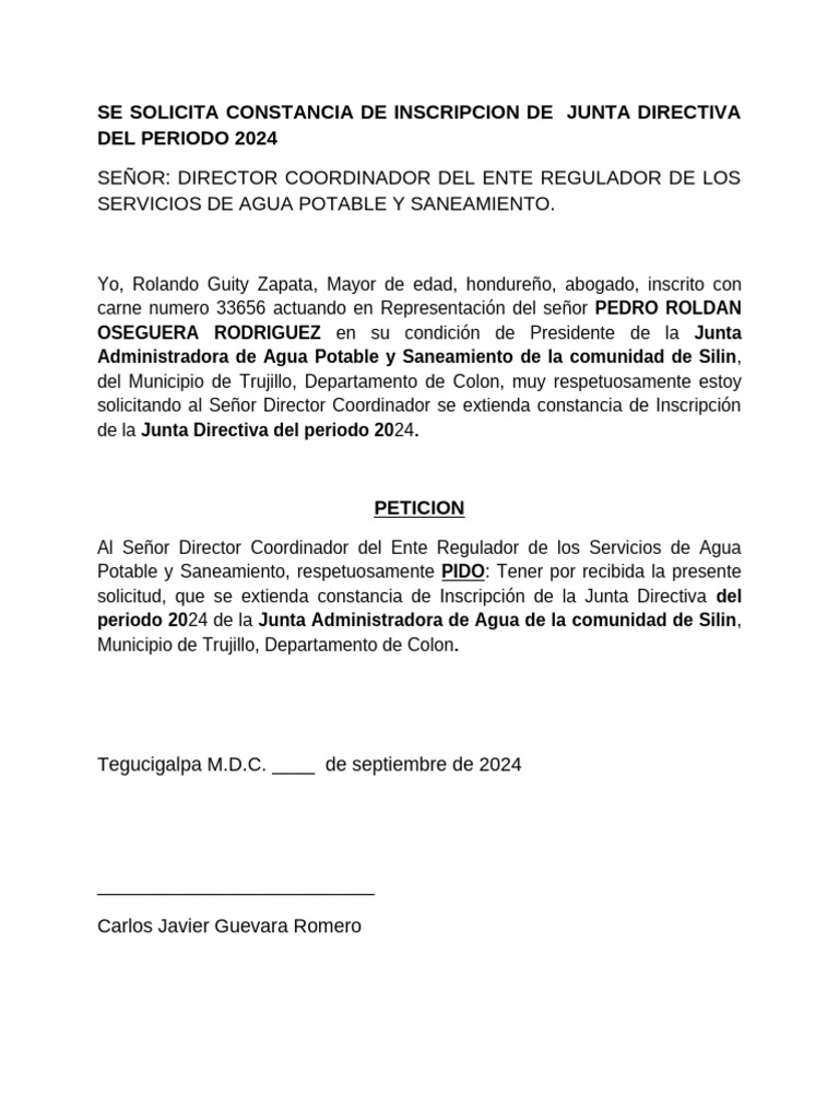 SE SOLICITA CONSTANCIA DE INSCRIPCION DE INSCRIPCION DE JUNTA DIRECTIVA Silin | PDF