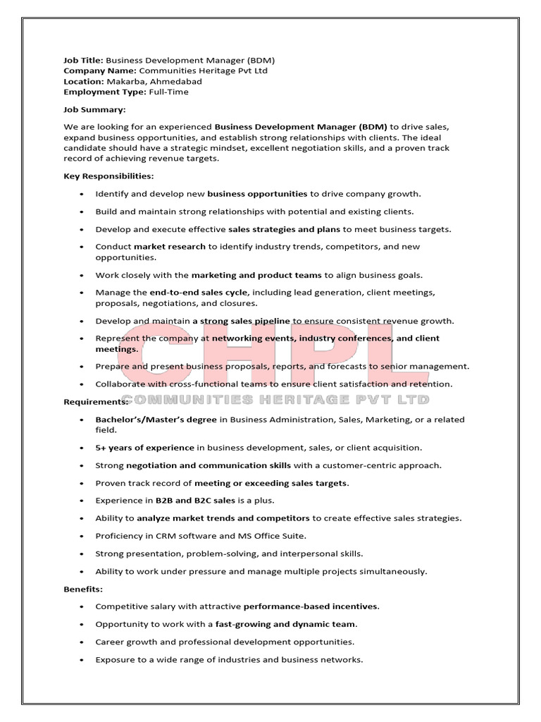 JD - Business Development Manager (BDM) | PDF
