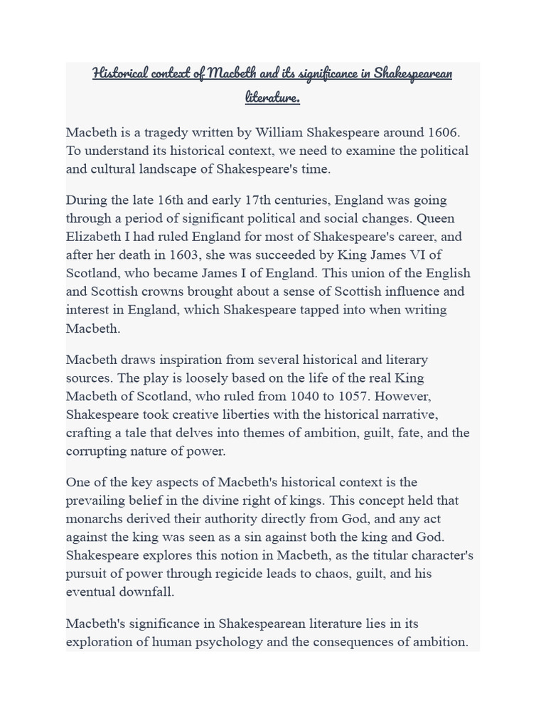Historical context of Macbeth and its significance in Shakespearean ...