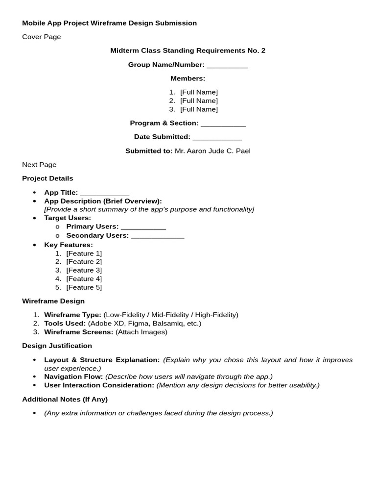 Mobile App Project Wireframe Design Submission Format | PDF | Page Layout | Computing