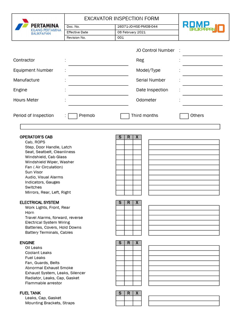 26071-JO-HSE-PMOB-044 Excavator Inspection R001 | PDF | Land Vehicles | Vehicle Technology