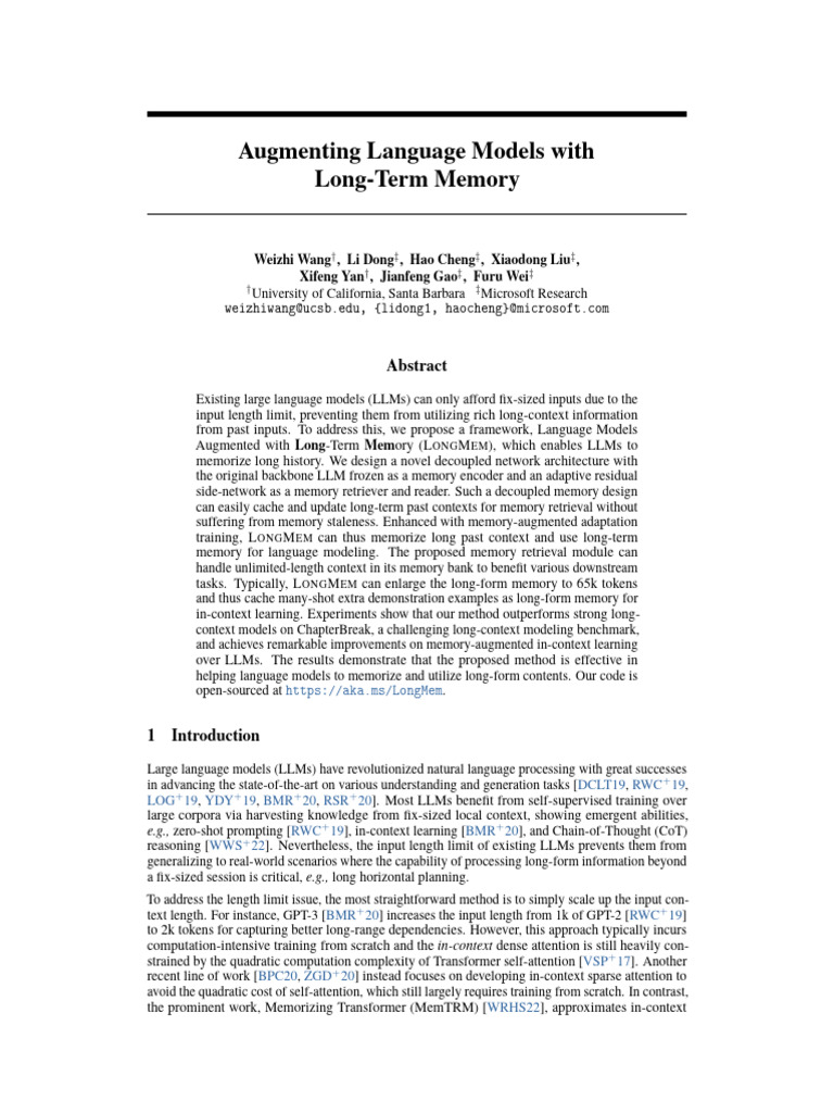 Augmenting Language Models With Long-Term Memory | PDF | Applied ...