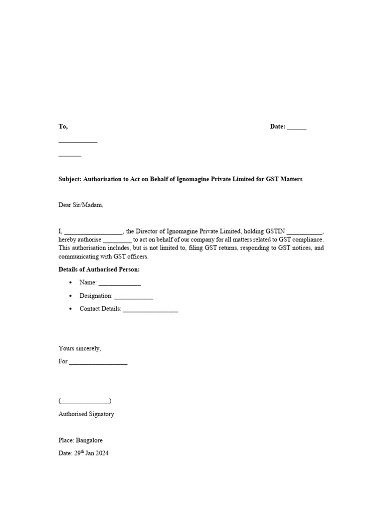 GST Authorisation Letter for Company | PDF