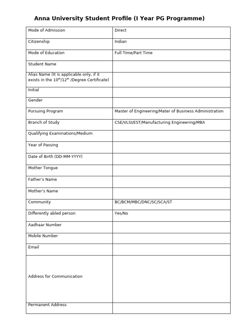 PG I Year Student Profile Format | PDF
