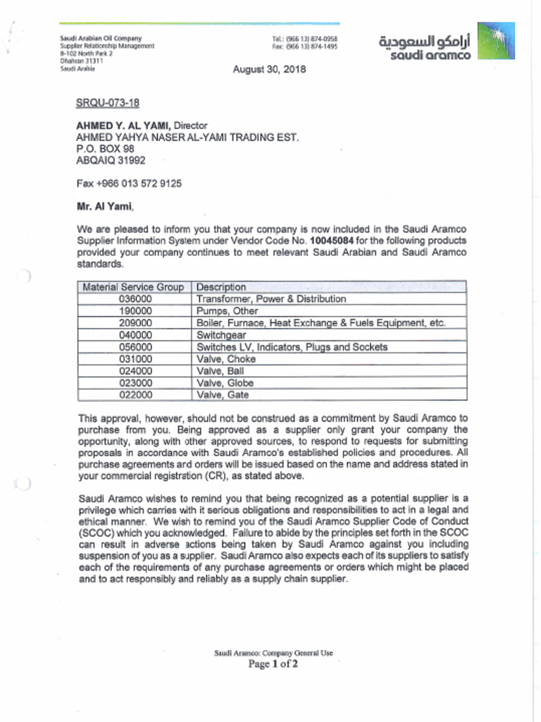 Aramco Vendor Letter 10045084 | PDF