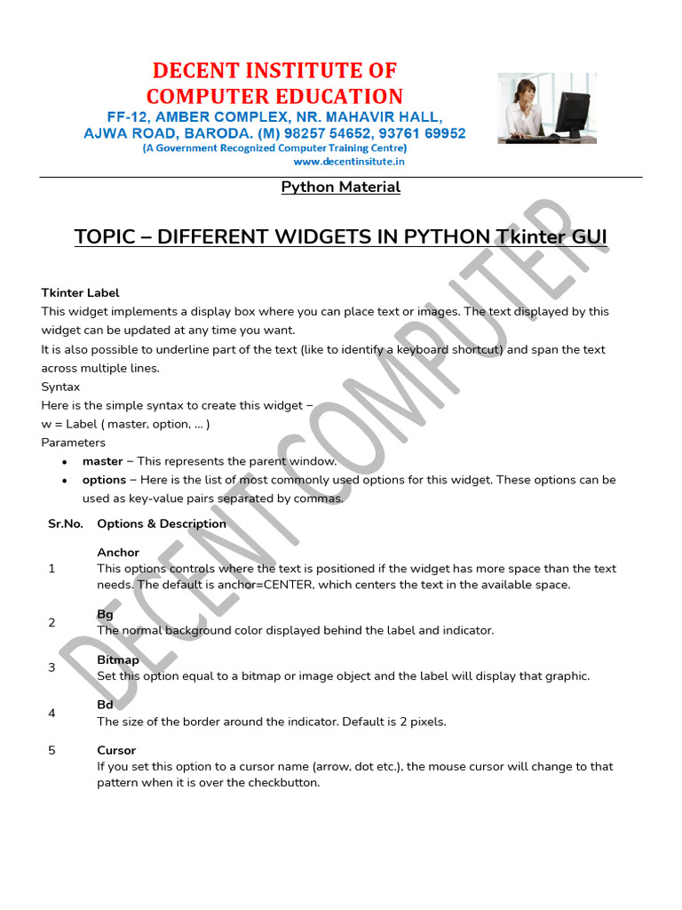 Different Widgets in Python DECENT INSTITUTE | PDF | Cursor (User Interface) | Button (Computing)