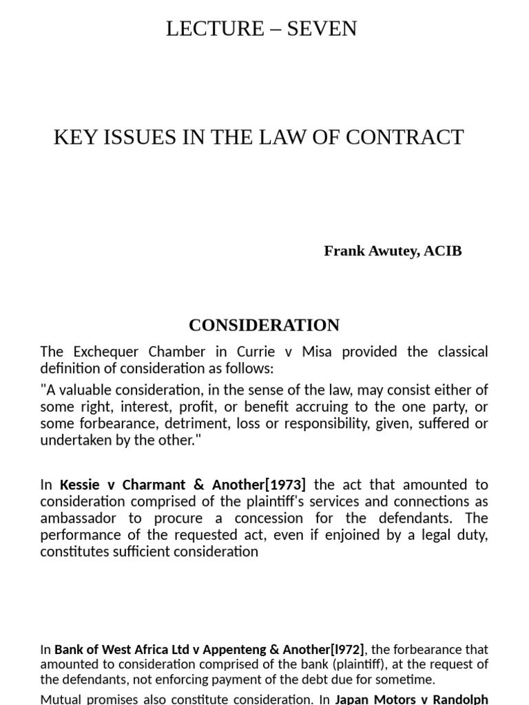 Law of Contract - Lect - 7 Consideration | PDF | Breach Of Contract | Consideration