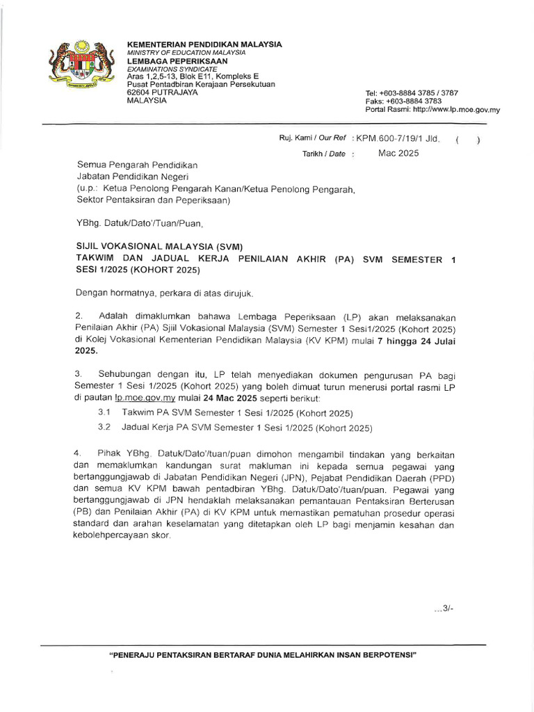 PORTAL Surat Makluman PA SVM Semester 1 Sesi 1 2025 | PDF