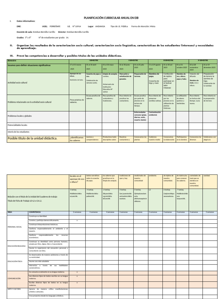 Planificación Curricular Anual EIB. Andanga | PDF | Segundo lenguaje | Aprendizaje