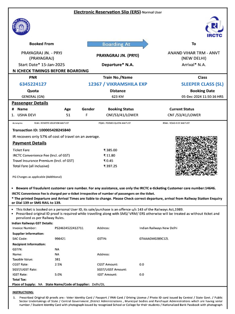 usha-devi prayagRaj se Anand Vihar 15-01-2025 | PDF