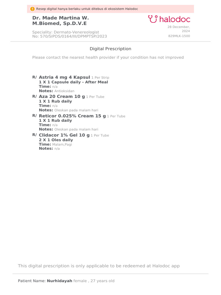Clidacor Gel Prescription for Nurhidayah | PDF