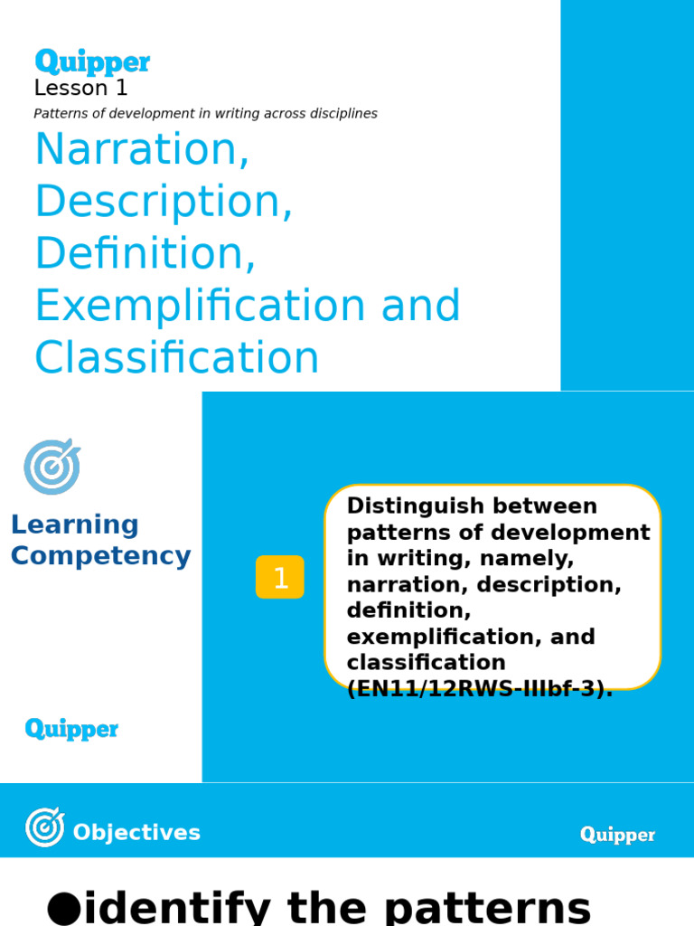 English 11 - Unit 4 - Lesson 1 - Narration - Description - Definition - Exemplification - and ...