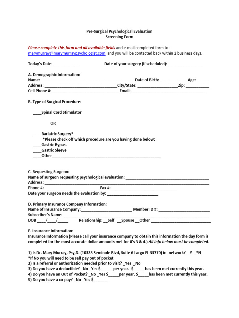 Pre-Surgical Psychological Evaluation Screening Form-1 | PDF